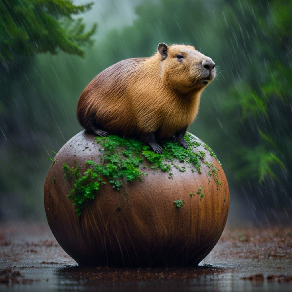 capybara on the top of the ball, rolling through the forest in the rain ...