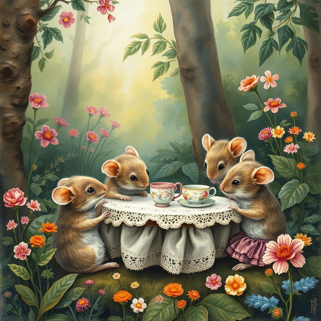 Cute fuzzy mouse tea party in the forest