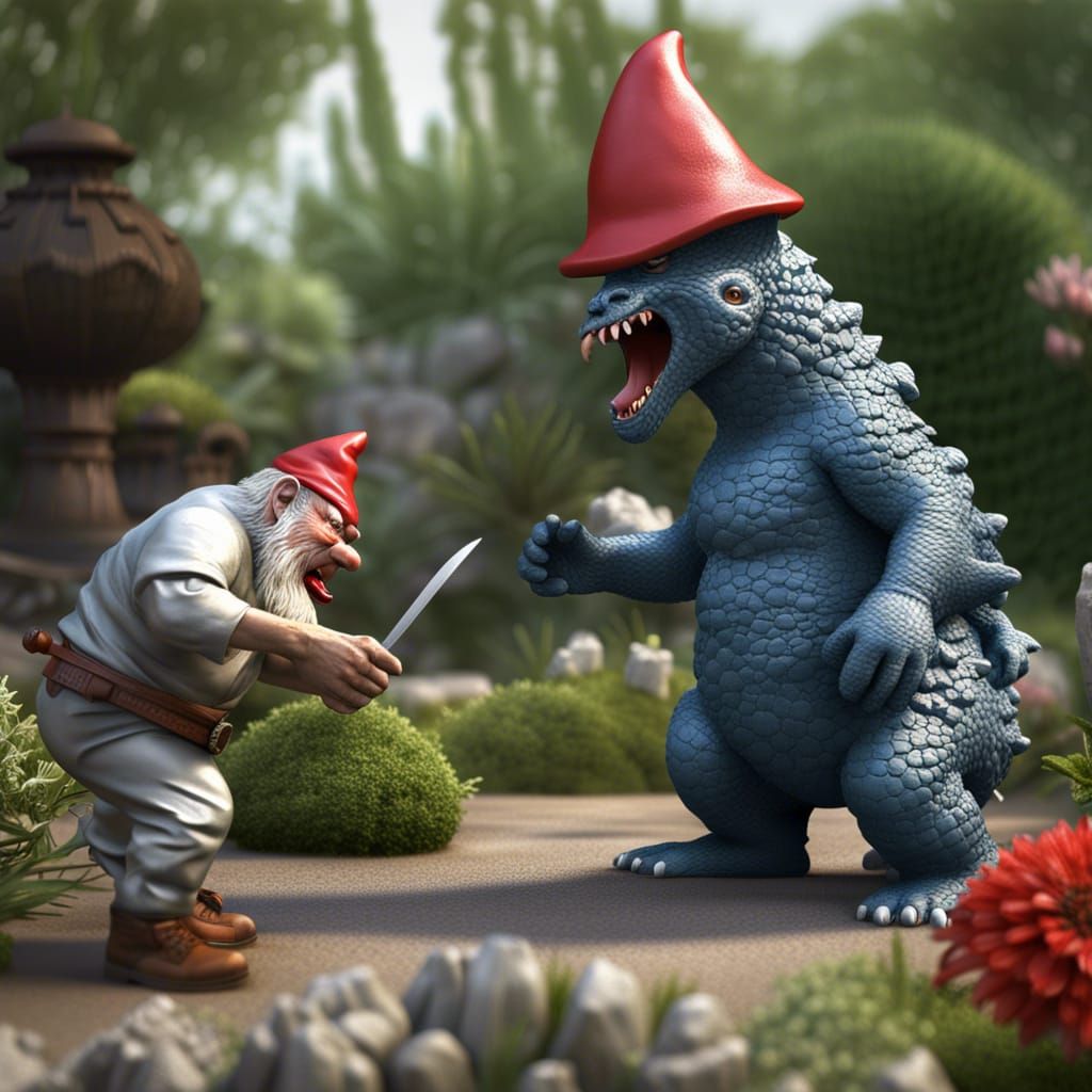 Godzilla fighting to be king of the gnomes - AI Generated Artwork ...