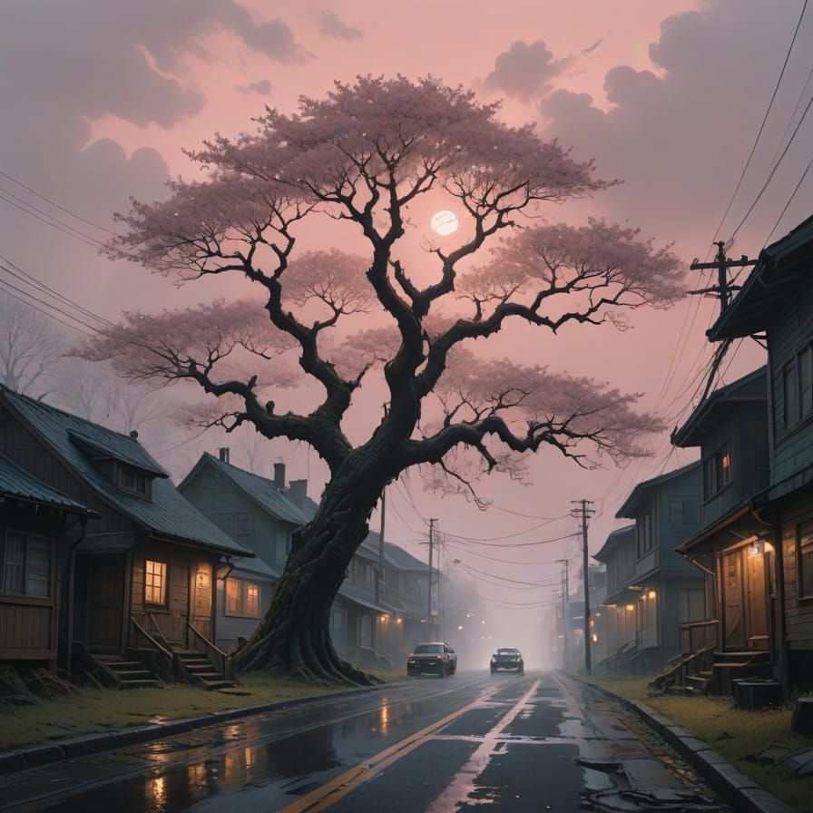 Surreal Cherry Blossom Tree in Misty Dreamscape - AI Art