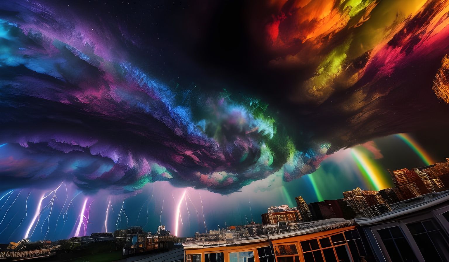 Epic huge rainbow storm over galaxy glowing city system, panoramic view, under striped colorful ...