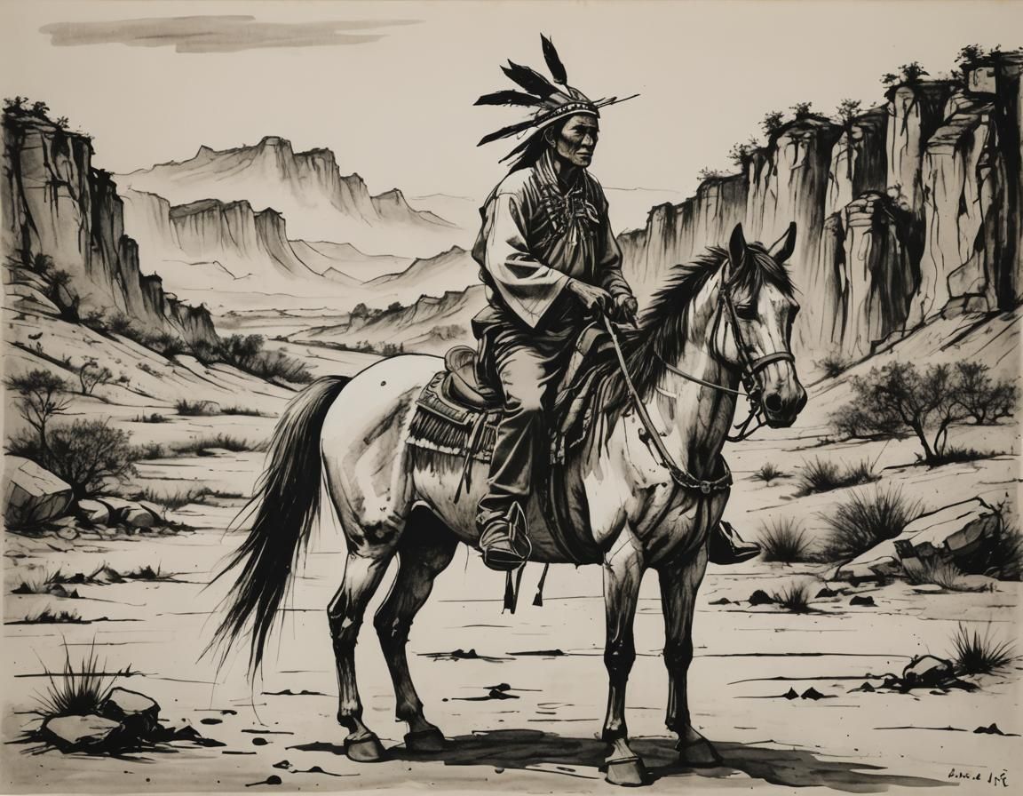 ink drawing of a lonesome apache on a horse - AI Generated Artwork ...