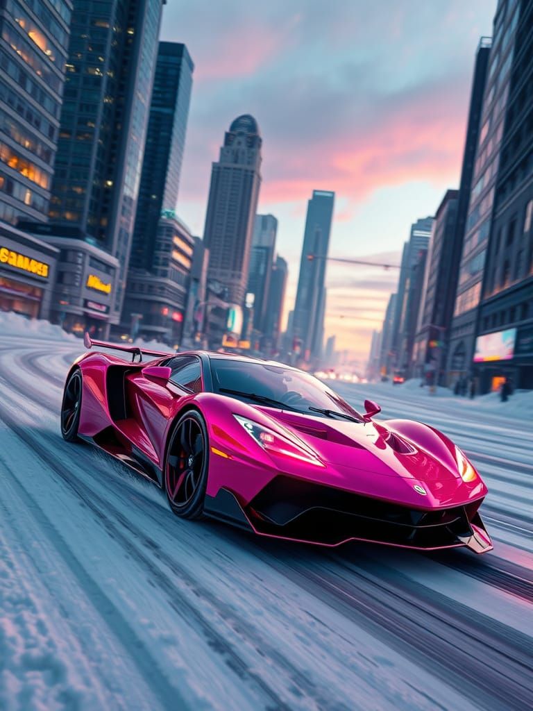 A Supercar - Neon-Pink Supercar Speeds Through Futuristic Ci...
