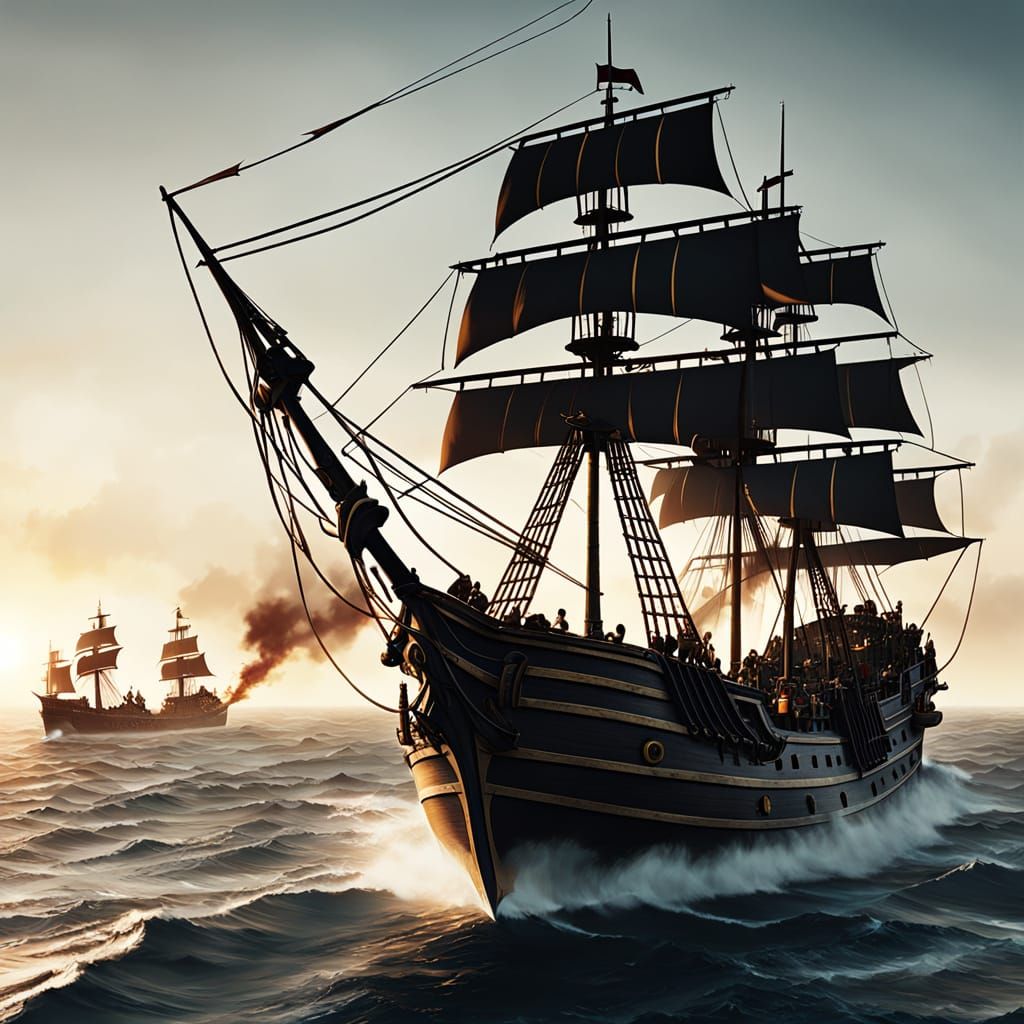 Pirate Ship Engages Naval Vessel in Cinematic Nava... - AI Art