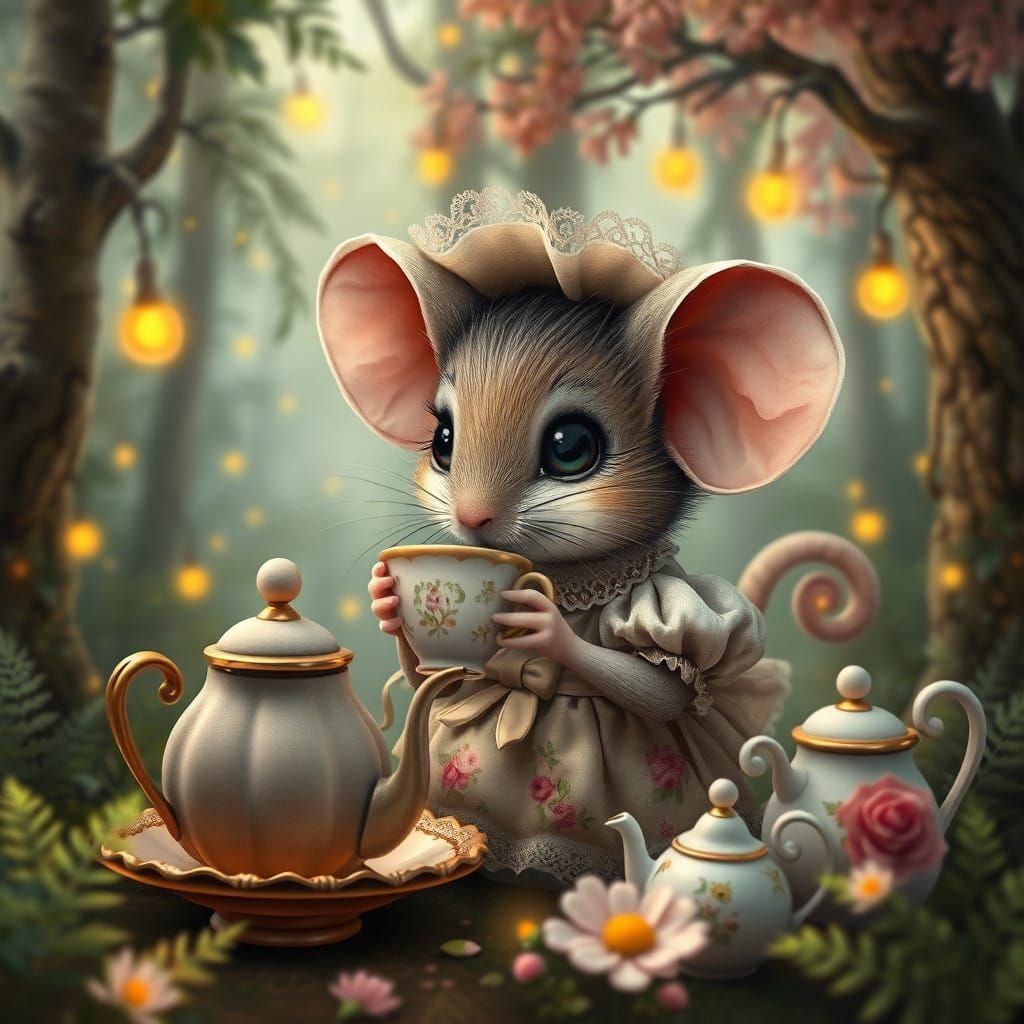 Cute fuzzy mouse tea party in the forest