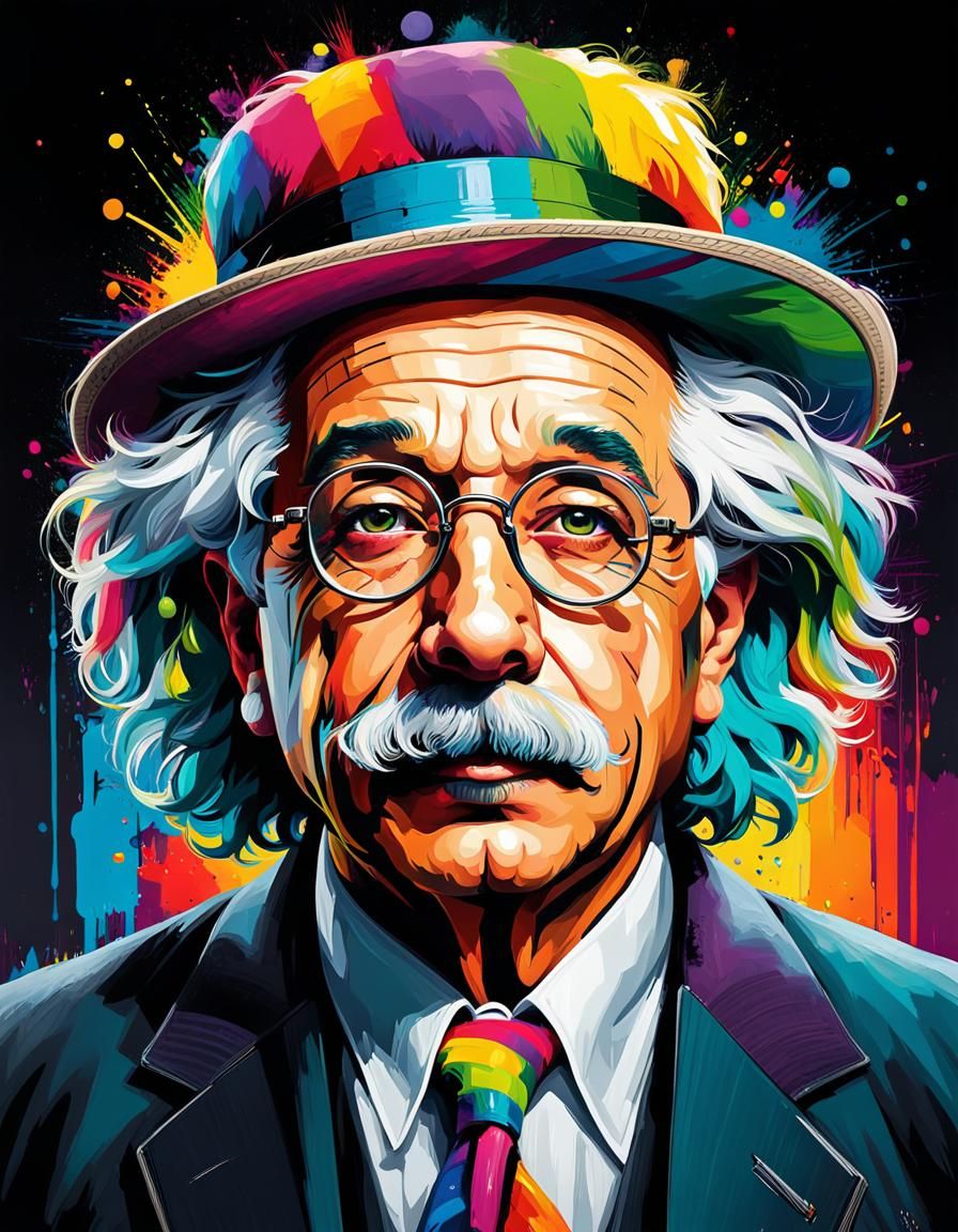 colorful hipster albert einstein wearing a hat and very big FASHIONABLE ...