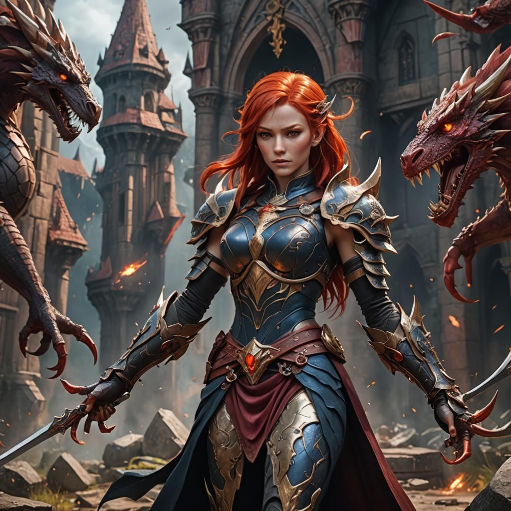 draconic traits to human woman with red hair, draconics claws, scaled arms, fantasy ambience ...