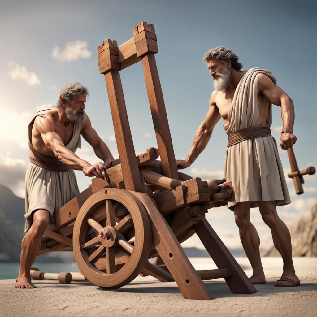 8k realistic, two ancient greek men outside loading an ancient wooden catapult - AI Generated ...
