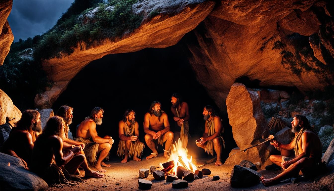 men and women from Neanderthal era gathering around a fire at the ...