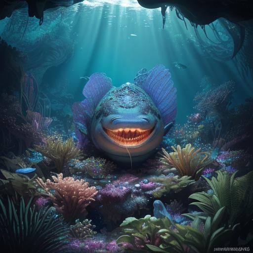 Photorealistic final render of a furry fish with teeth in a gigantic ...