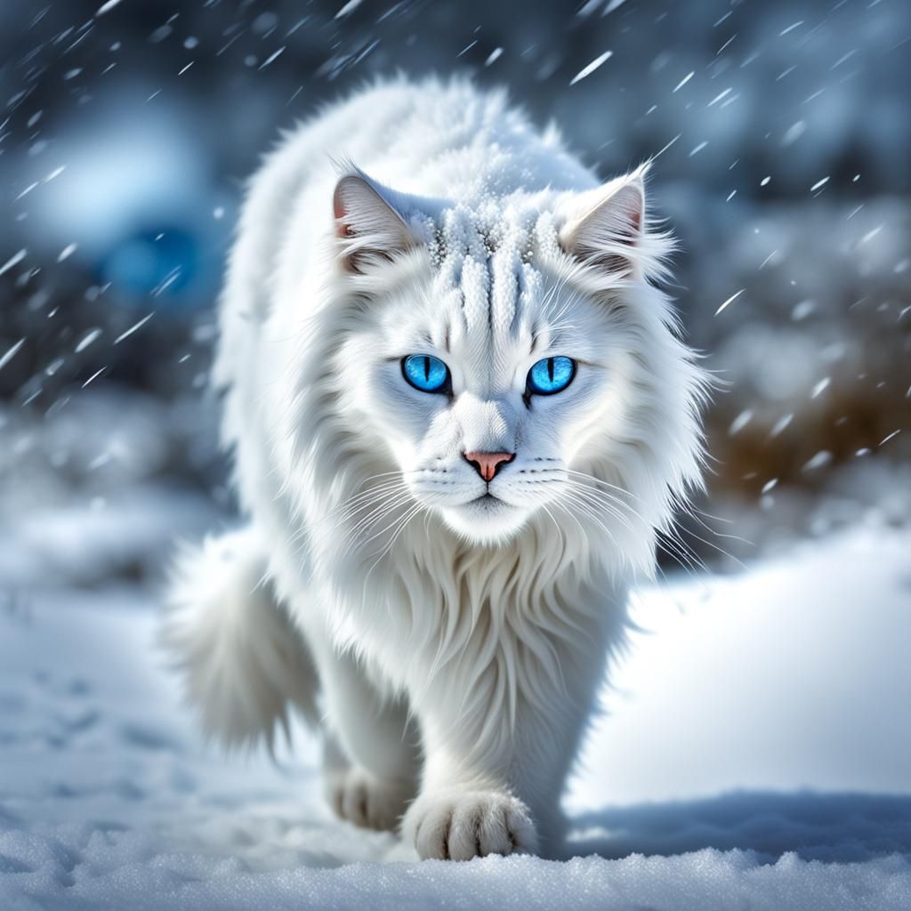 ice cat,walking in the snow,with a long white fur and blue eyes - AI ...