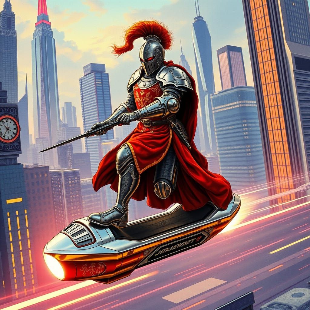 Medieval Knights Ride Metallic Hoverboards in Futu... - AI Art