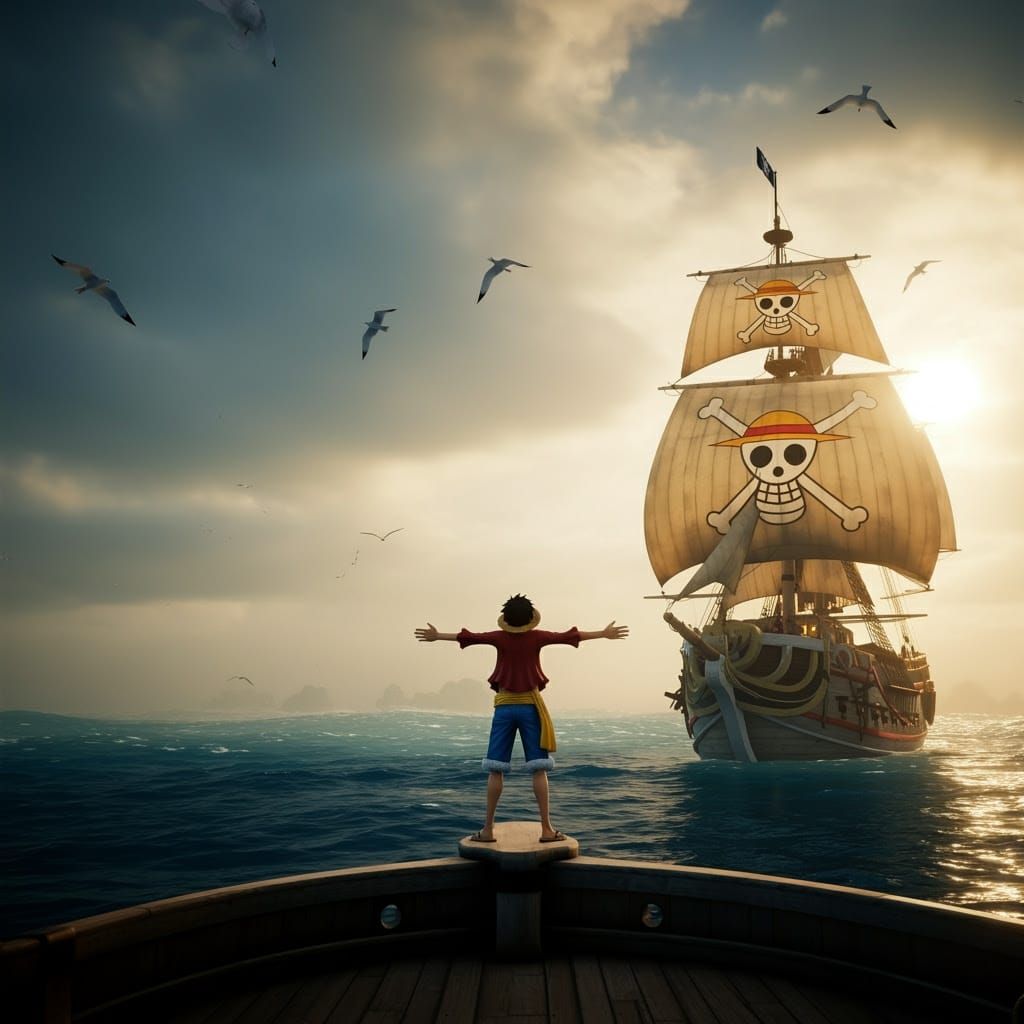 Pirate Icon Luffy Stretches Towards Majestic Saili... - AI Art