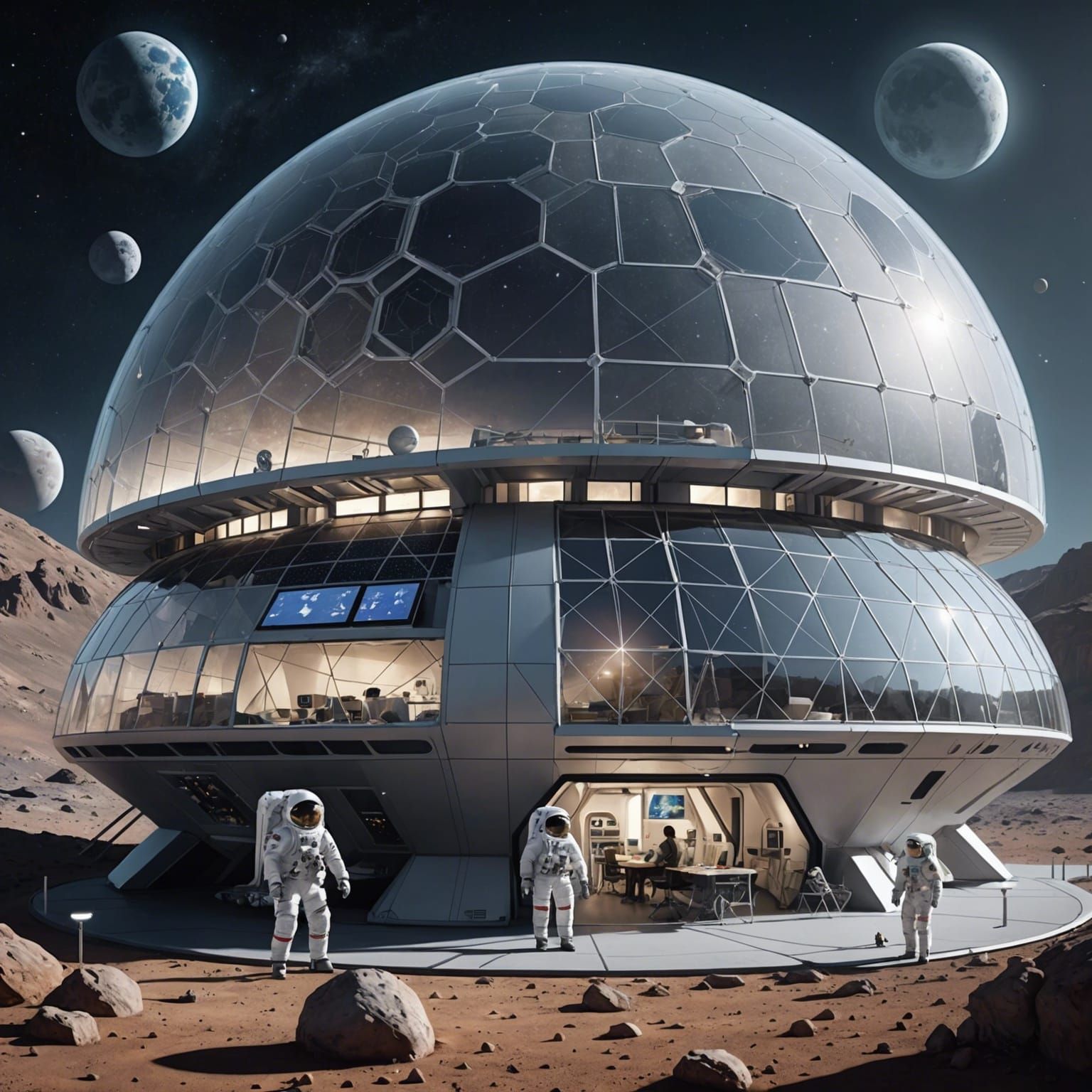 A captivating depiction of a futuristic lunar base, featuring a large ...