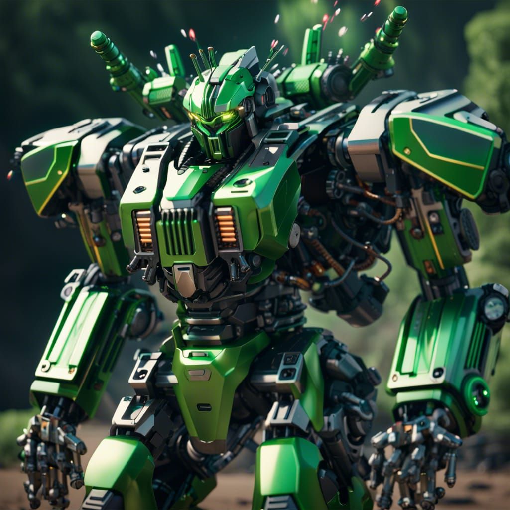 a giant green transformer with a jetpack and two machine guns firing ...