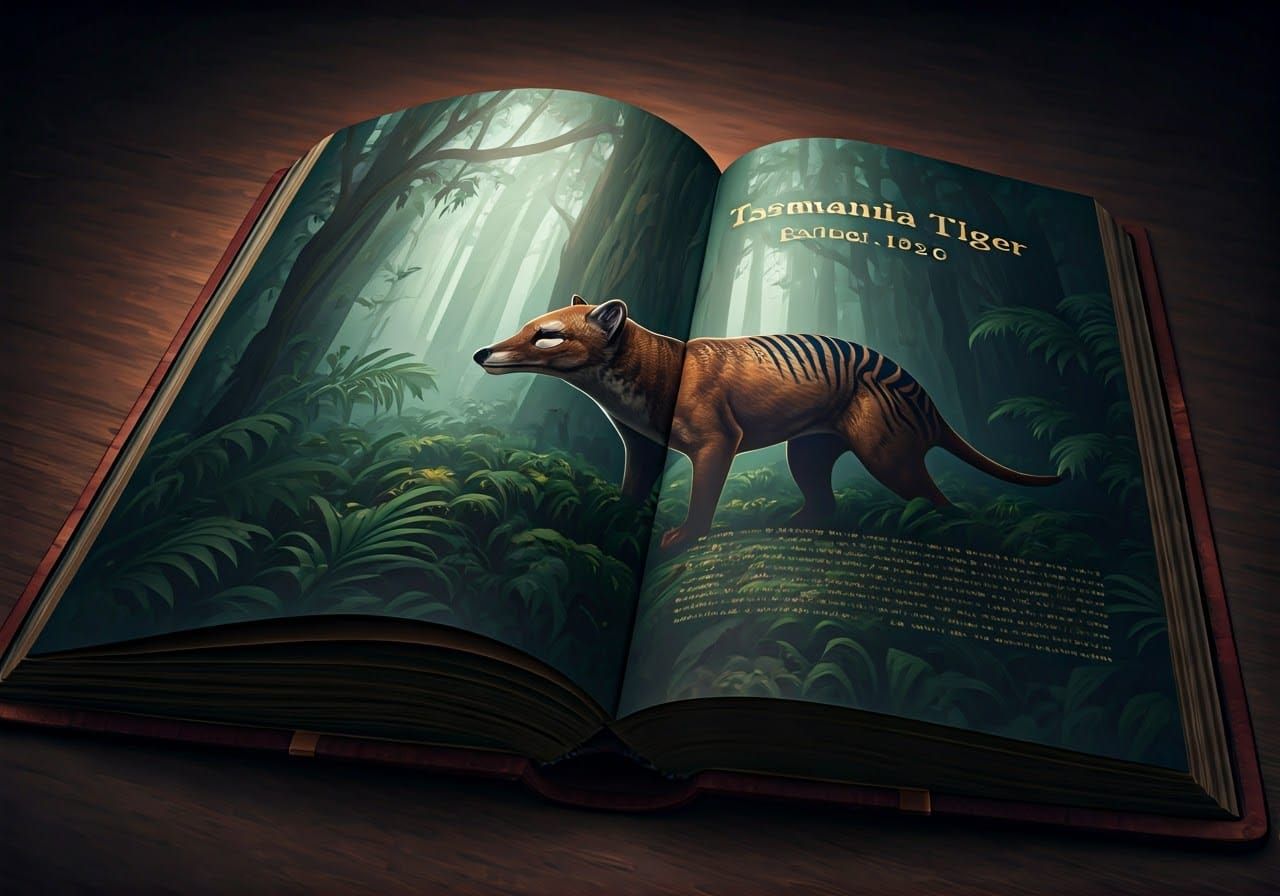 Show me a textbook with an illustration of a Tasmanian Tiger. The ...