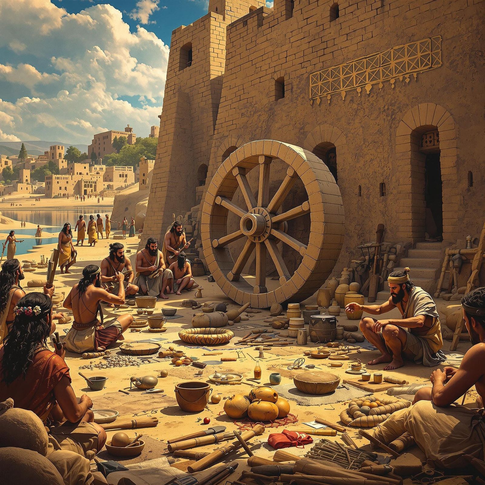 Ancient Sumerians Invent the Wheel in a Vibrant Me... - AI Art