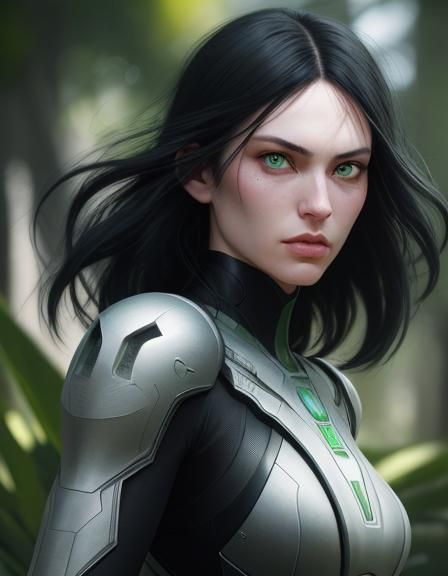 frontal view, ugly girl, light green eyes, black hair, hyper realistic ...