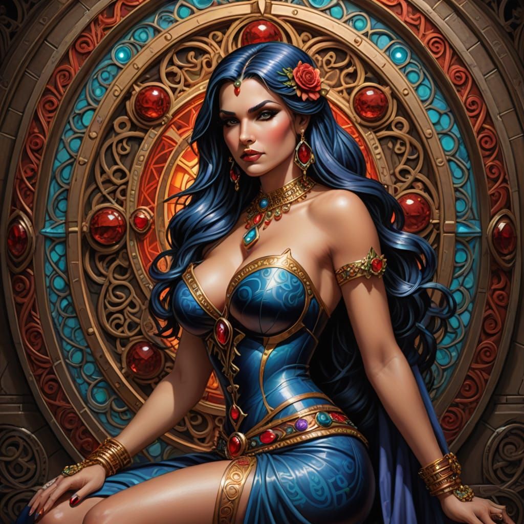 Flamboyant Art - Sensual Pin-Up Goddess in Vibrant, Gemstone...