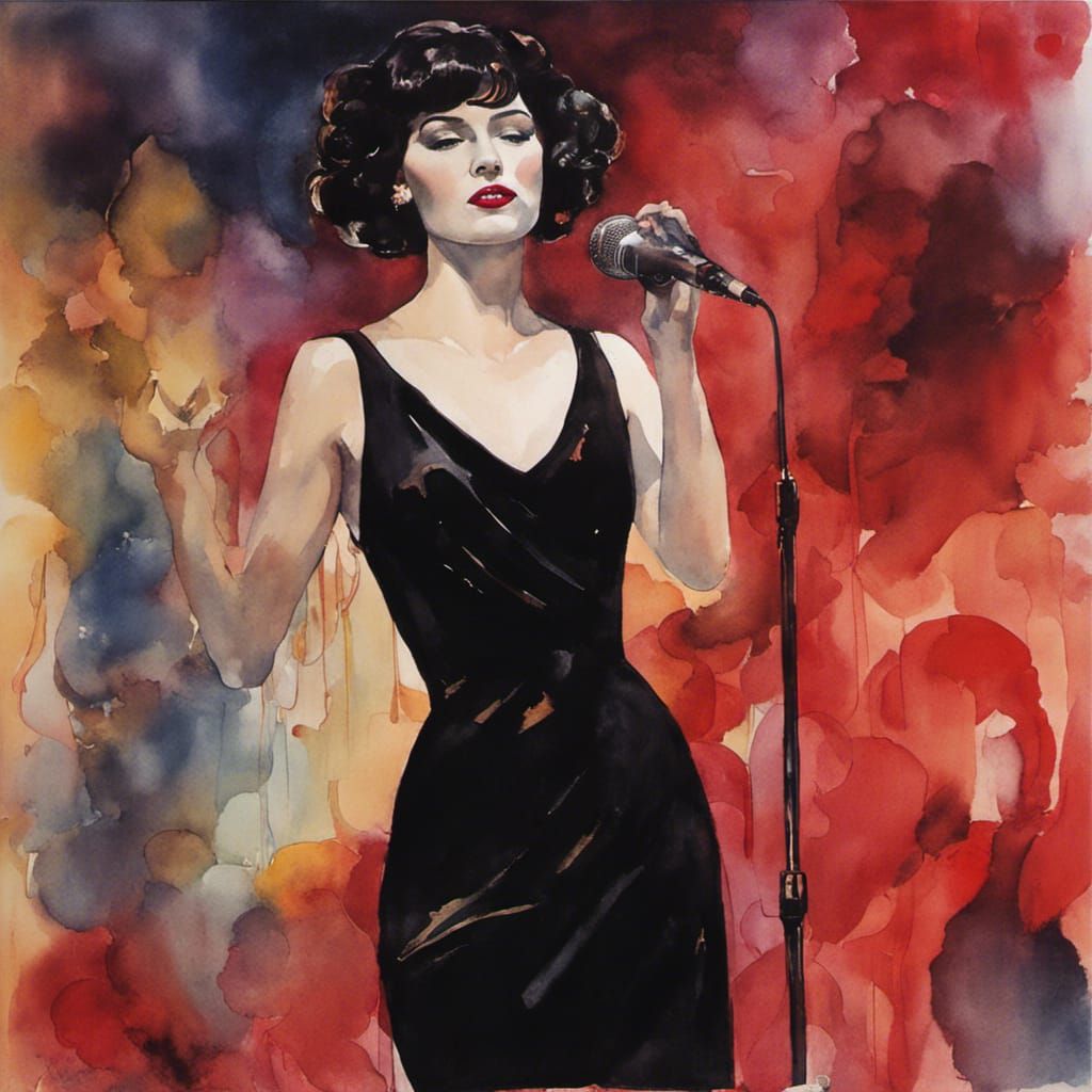 dark-haired woman singing watercolor and acrylic, Klimt, dimly lit ...