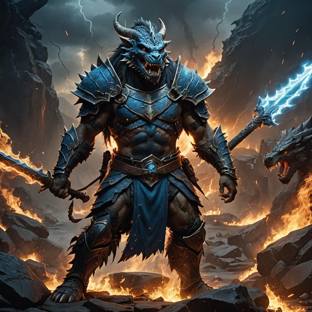 Dragonborn race. Barbarian class type. Holds one long, blue, flaming ...