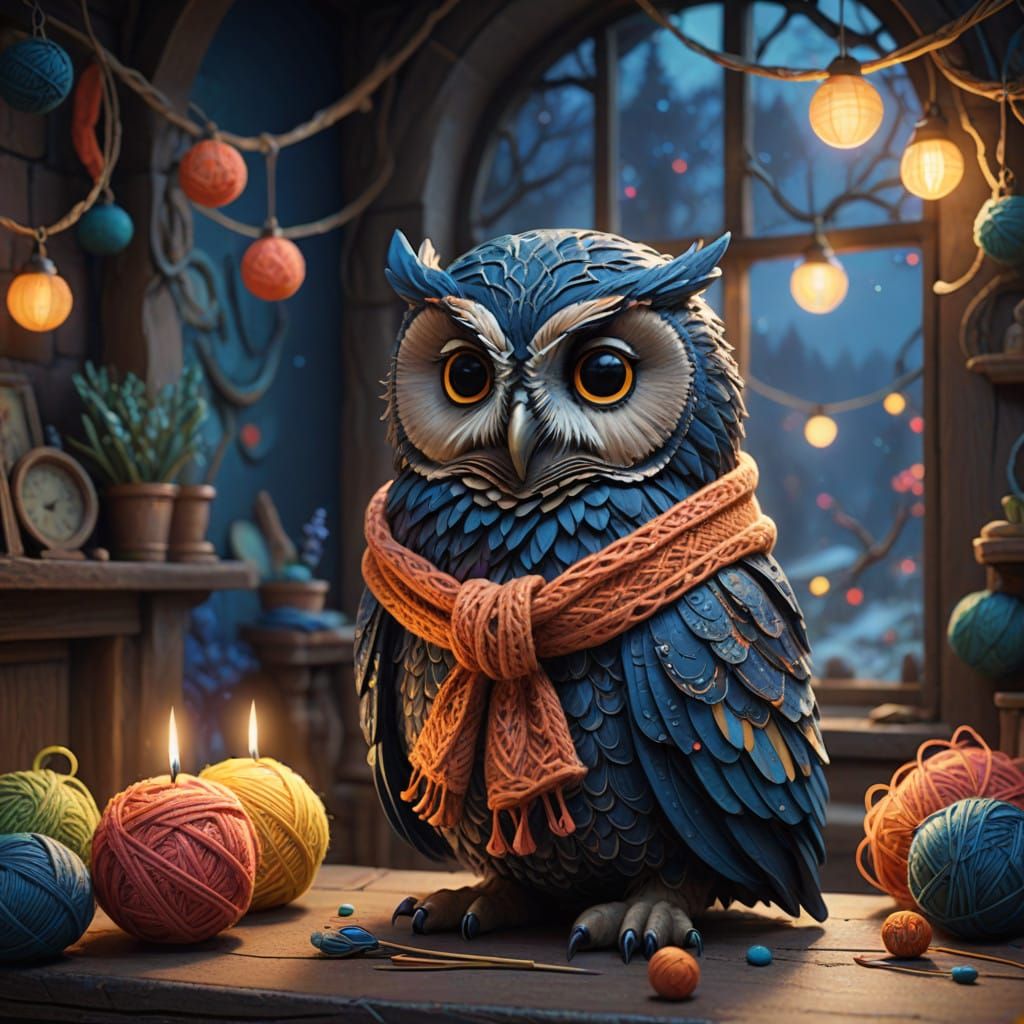 Owl cozy in a knitted scarf - Whimsical Owl Knits Cozy Scarf...
