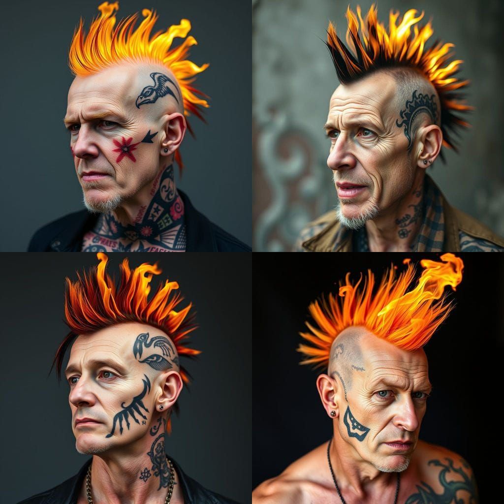 50-Year-Old Punk Rocker with Fiery Mohawk and Tatt... - AI Art