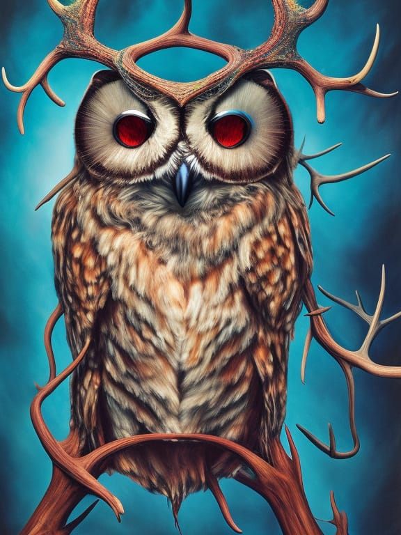 Owl with Deer Antlers thunderstorm post-apocalyptic holographic ...