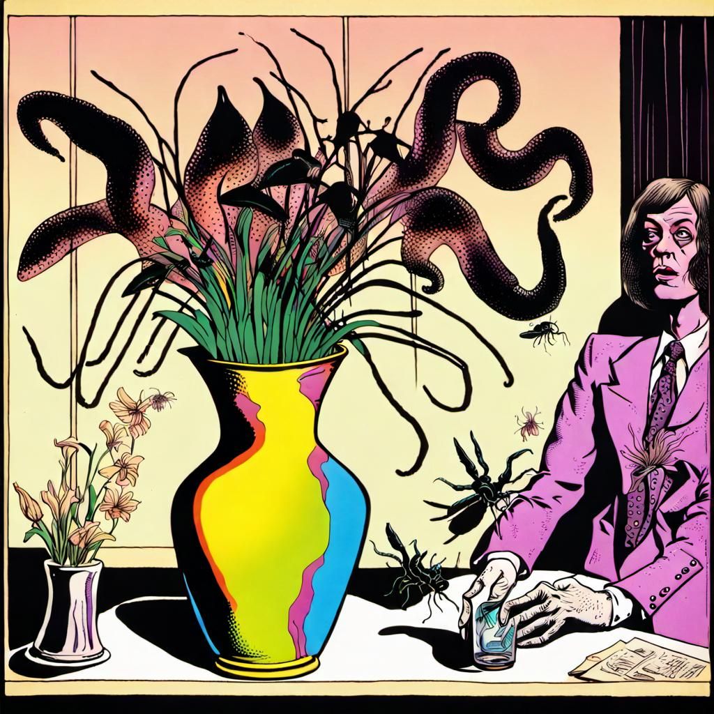 Iris and Lillies in a vase: Retro 70s uk telethon with hazy overhead studio lights; meta ...