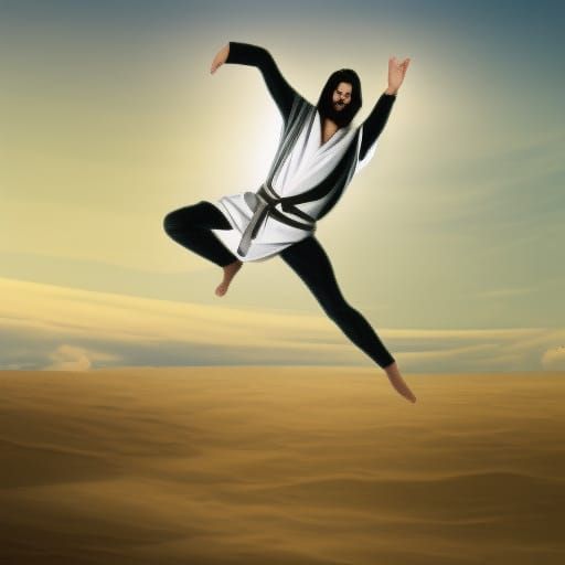 a ninja jesus dressed in white, in a fliying kick pose - AI Generated ...