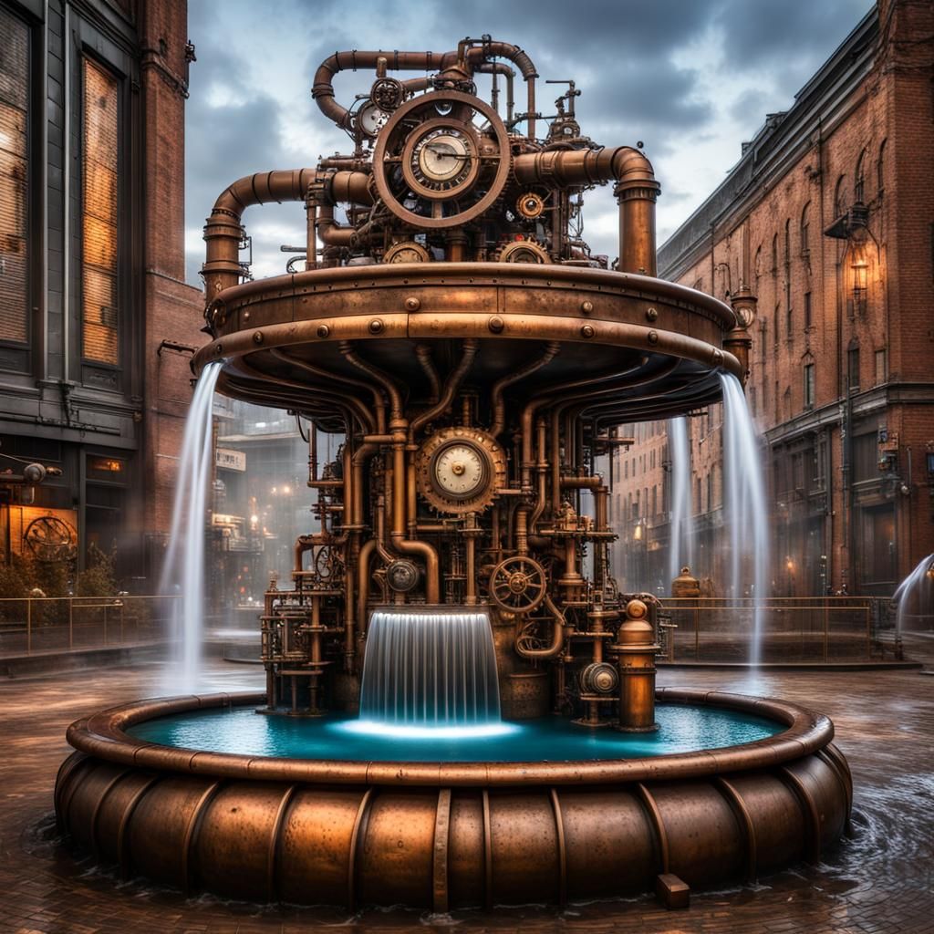 steampunk-themed bigest water fountain adorned with gears, pipes, and ...