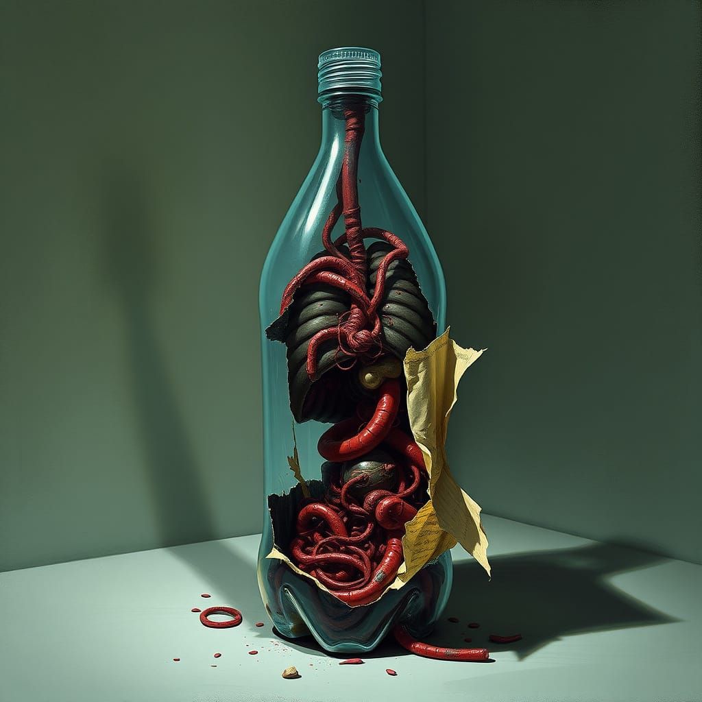 Grotesque Water Bottle with Exposed Organs in Dark... - AI Art