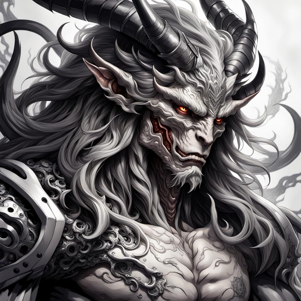 edoh a portrait of a male demon with long hair and big horns, in the ...
