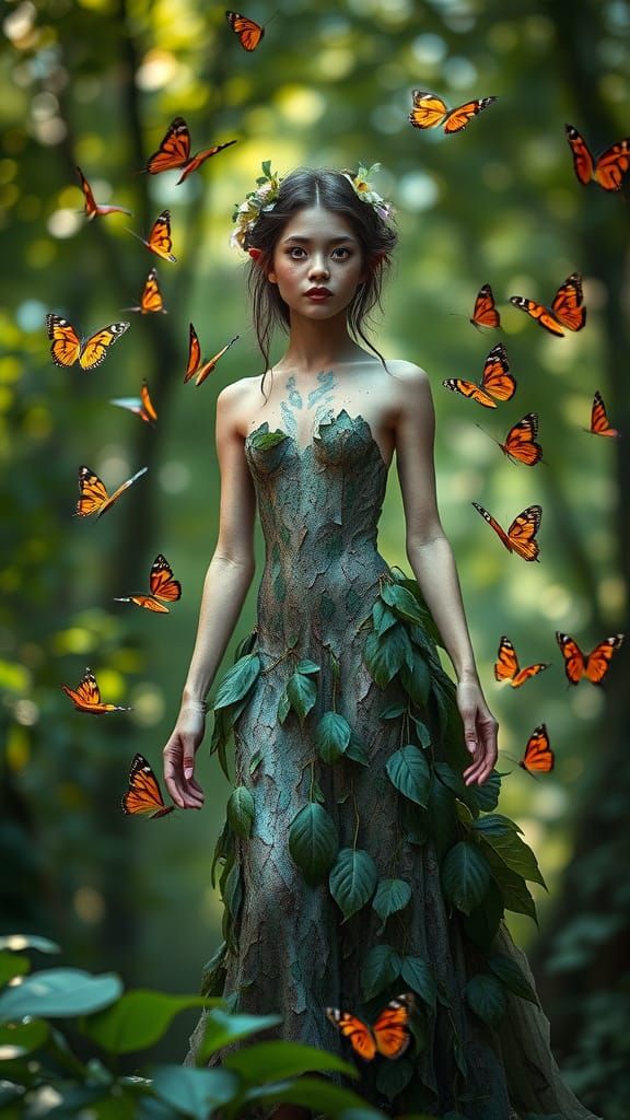 Nesia - Statuesque Nymph in Forest Glade, Tree Bark Skin, Ye...