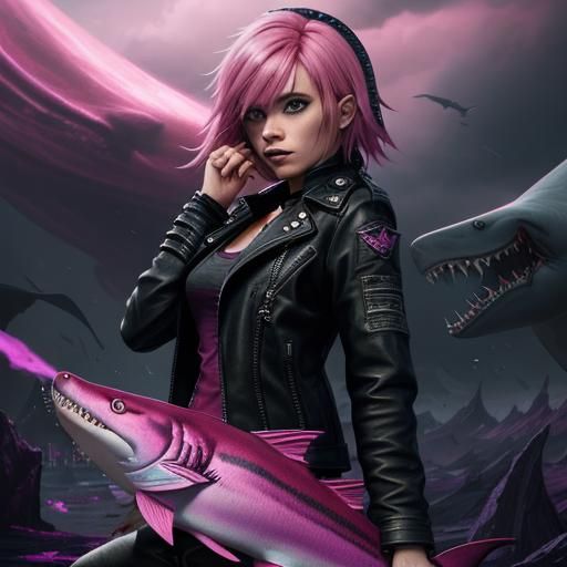 emo shark in a leather jacket with pink hair - AI Generated Artwork ...
