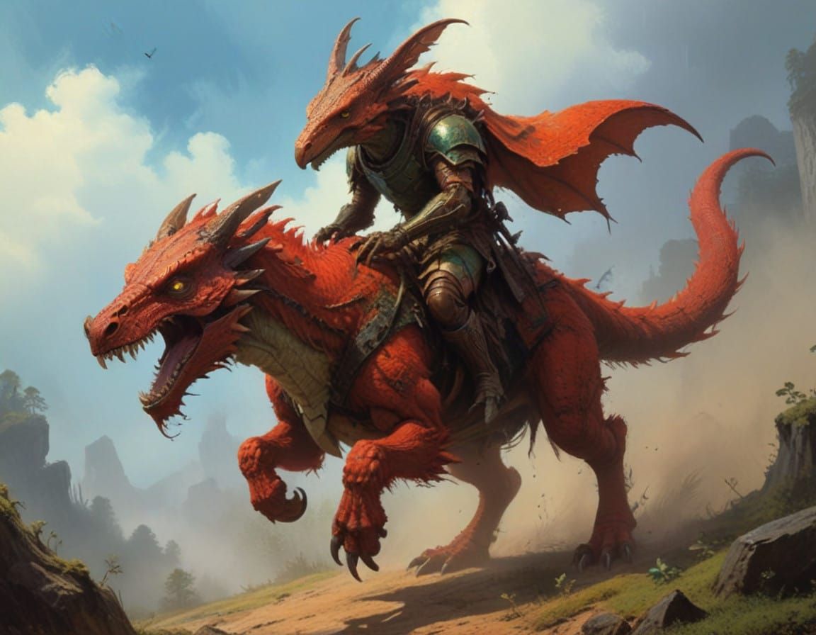 Fierce Red Kobold Rides Majestic Acheroraptor in D... - AI Art