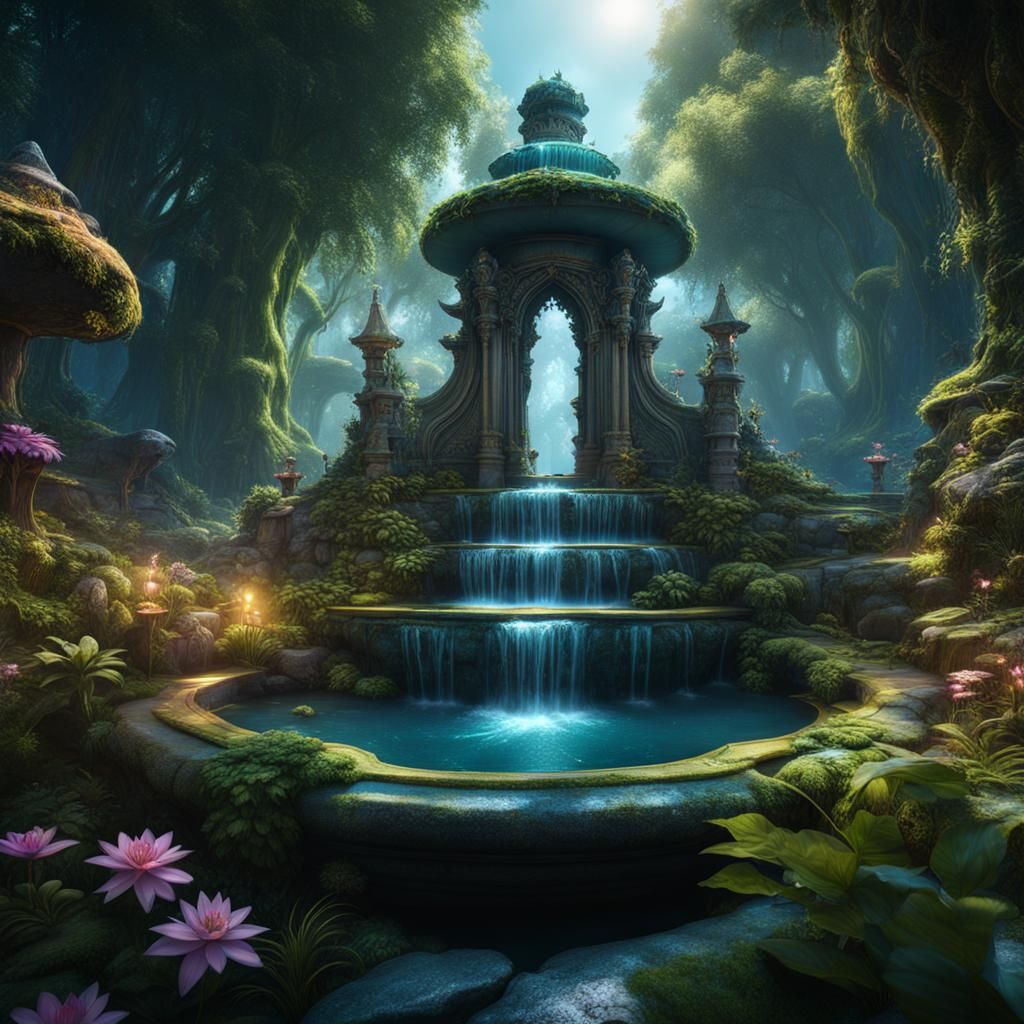 Water Fountains fairies in a fairy forest detailed matte painting, deep color, fantastical ...