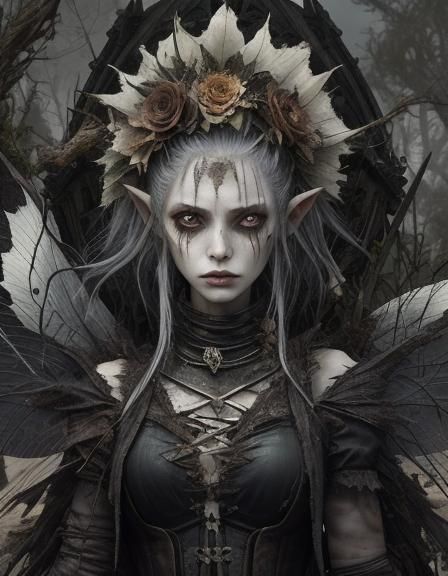 (macabre dark fantasy art of a sick and weak fairy with pale wrinkled ...