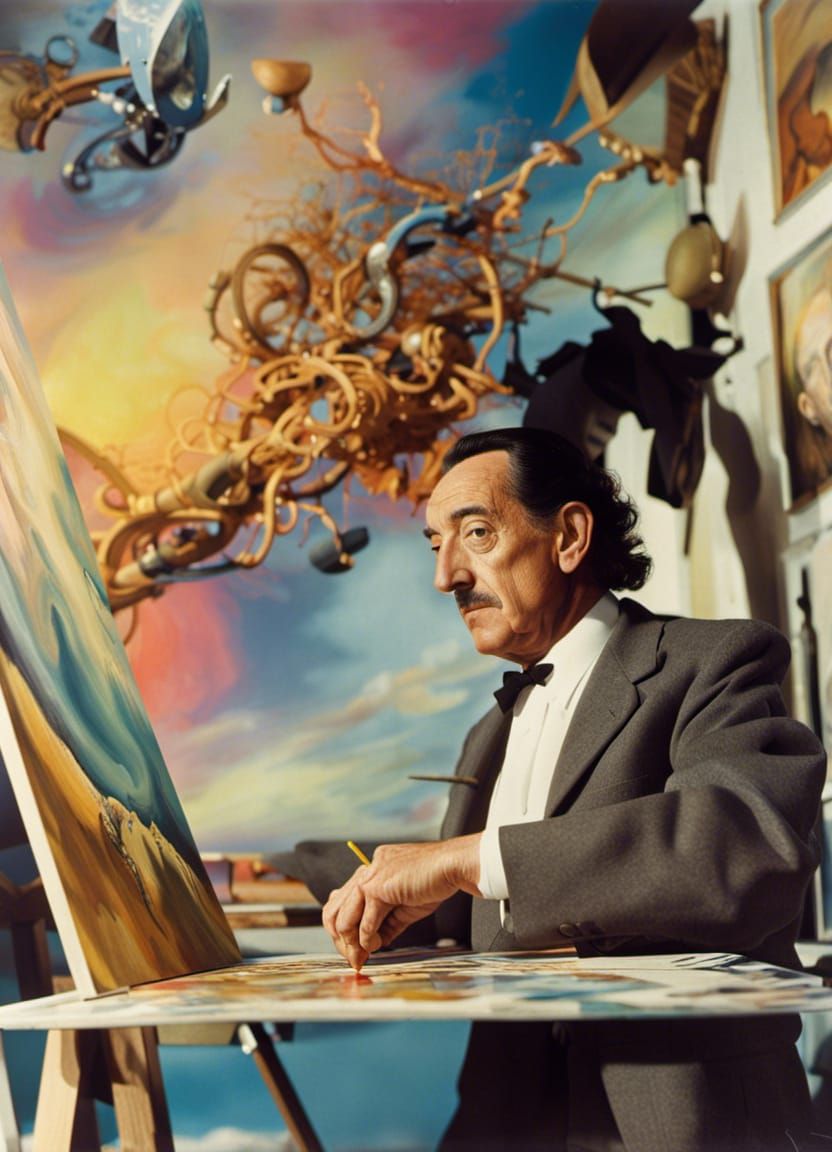 Salvador Dalí, más genius, at his studio painting a surreal picture of ...