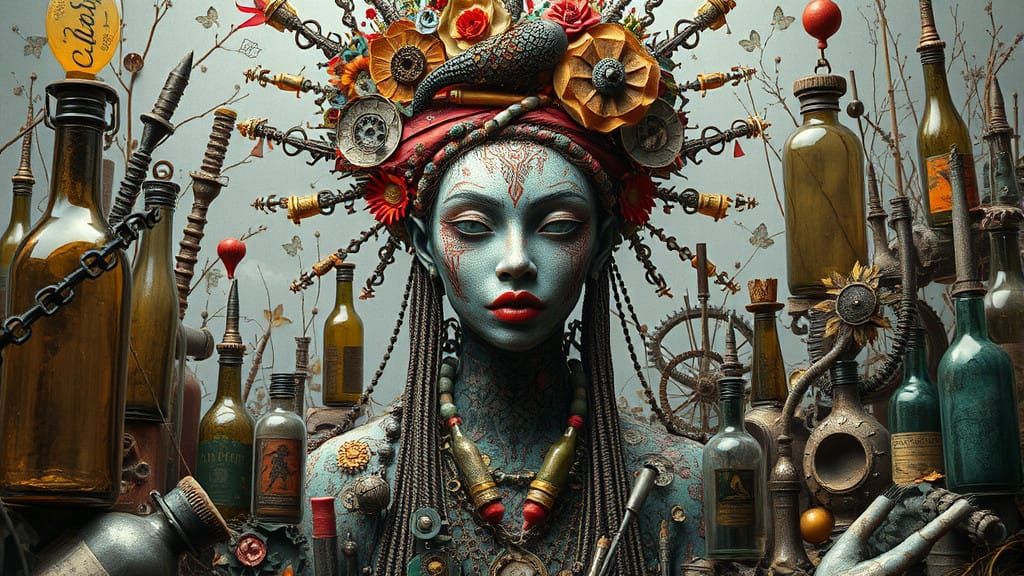 The goddess of the garbage as assemblages of various materials, including wood, textiles, and ...