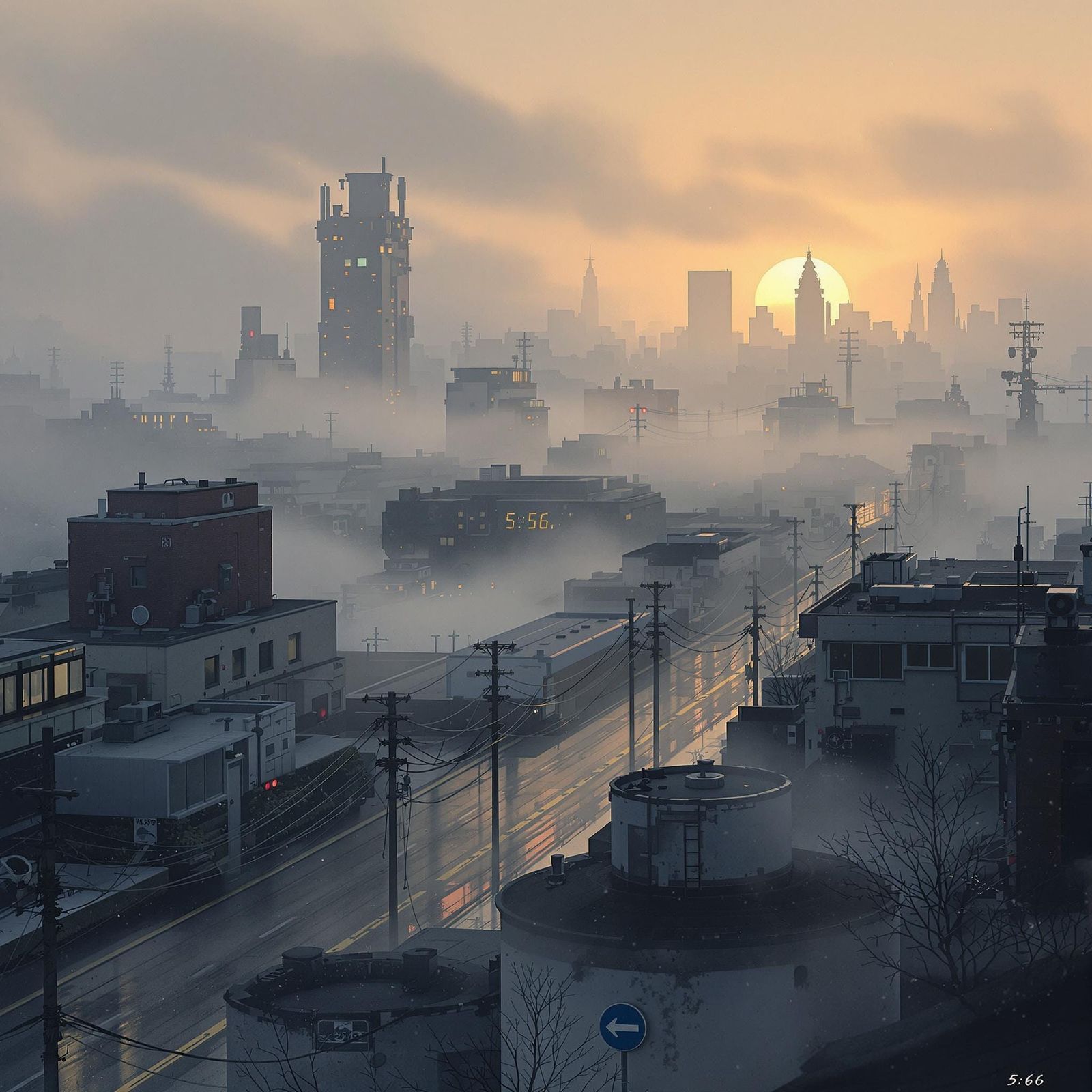 Soft morning light illuminates a serene cityscape at 5:56, with misty ...