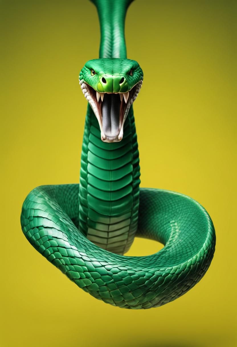Coiled Giant Green Cobra Neck Flared. Teeth dripping with poison. hyper ...