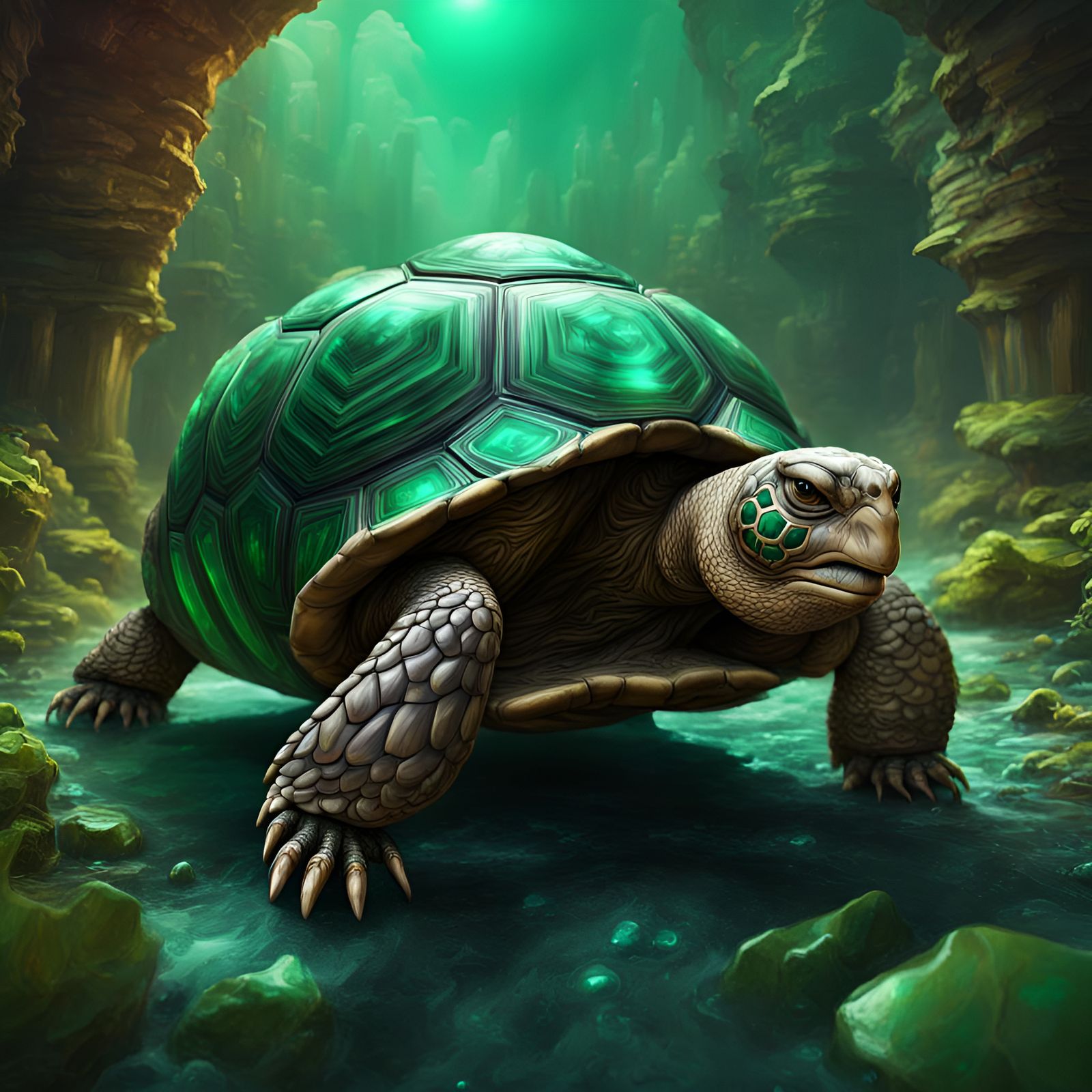Tortoise with Emerald shell; detailed matte painting, deep color ...