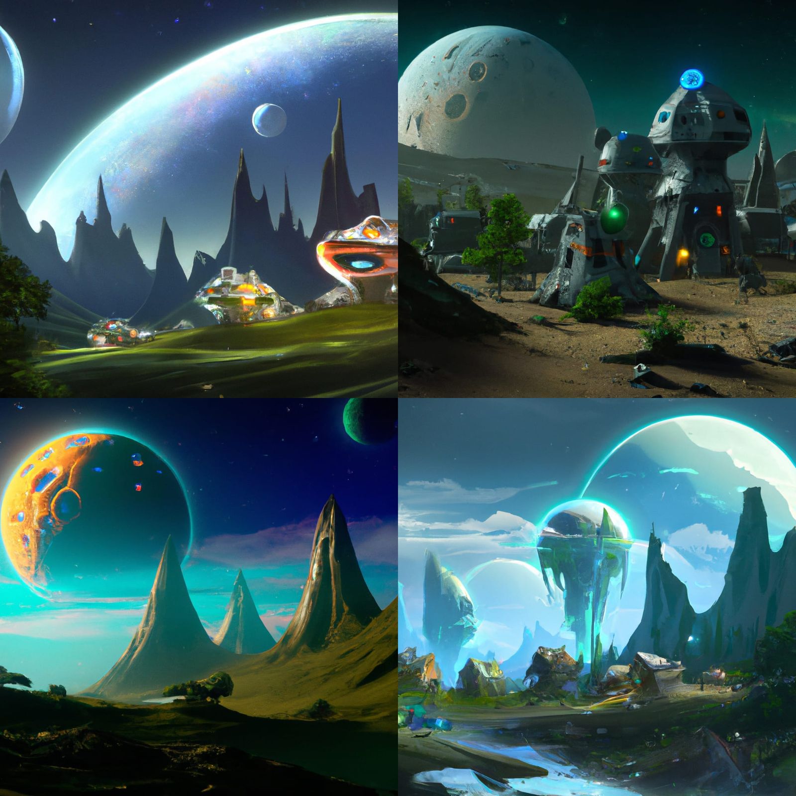 groovy primitive alien village mountains lush greenery three moons in ...