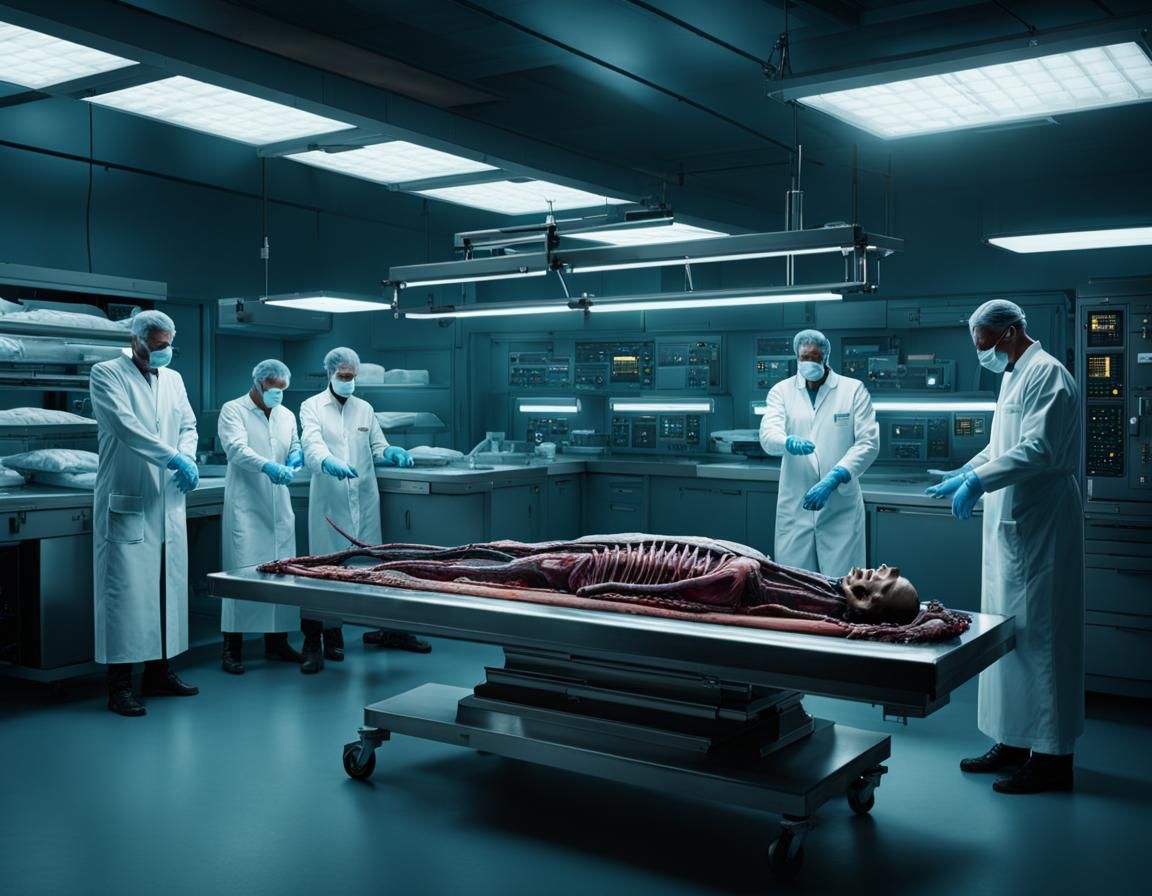 area 51 scientists disecting alien body on morgue slab in laboratory ...