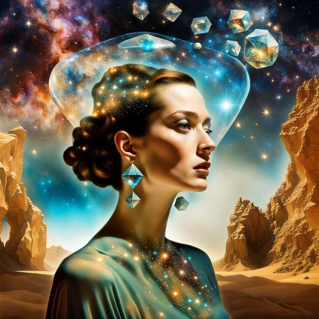 bejeweled galactic oasis, double exposure: (galaxy in woman:1.4), DALI ...