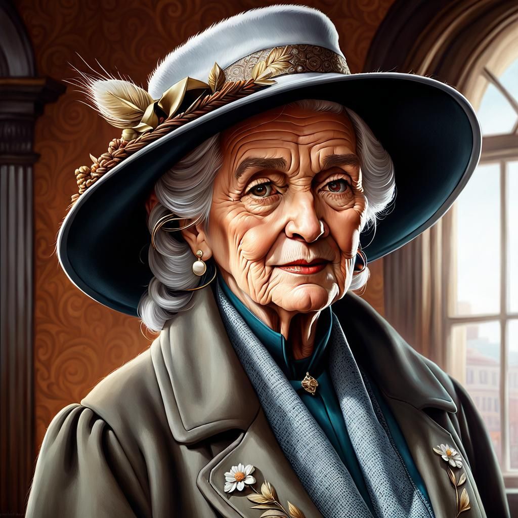 a painting of an old woman wearing a hat and coat, a photorealistic ...