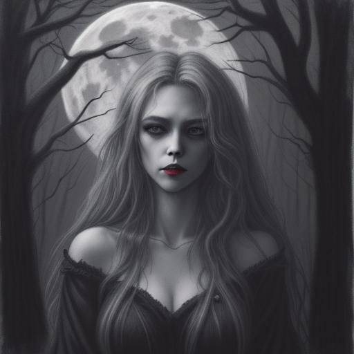 Vampire Maiden, stormy night, full moon, misty forest, Loney heart