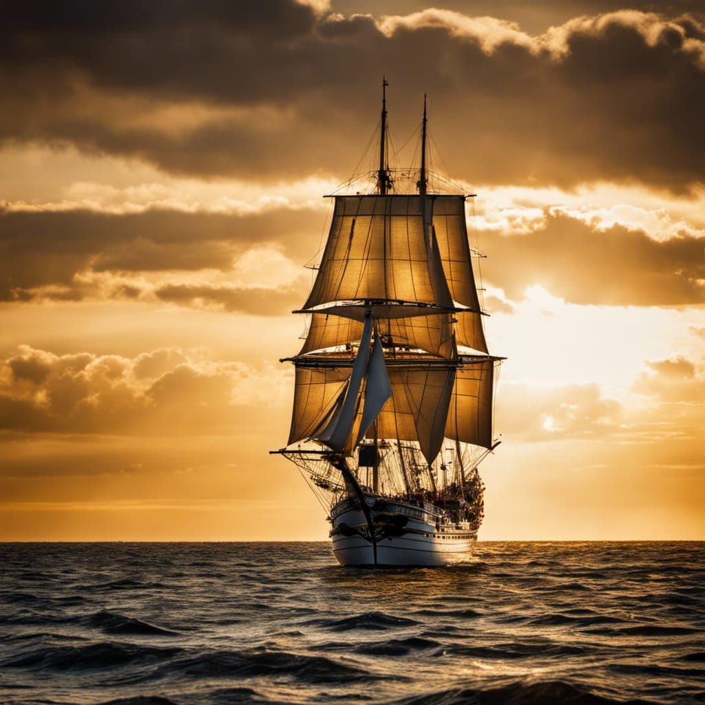 Tall ship adorned with intricate golden designs, embellishing its sails ...