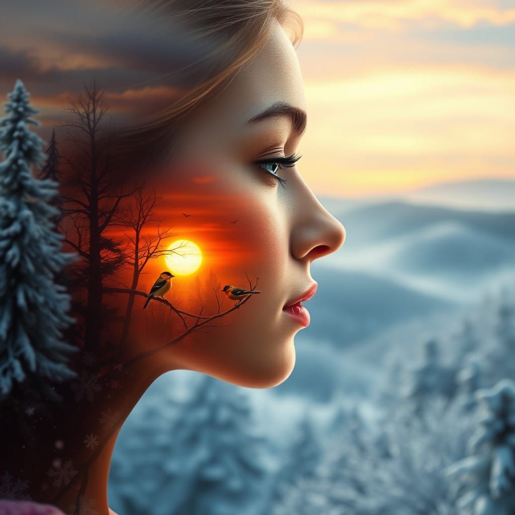 Hyper-Realistic Sunset Body Art Portrait in Profil... - AI Art